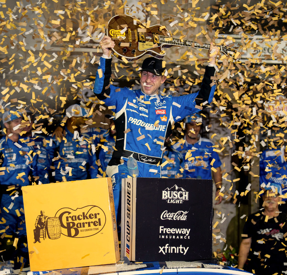 Denny Hamlin storms back from a pole-start penalty to win at Nashville ...